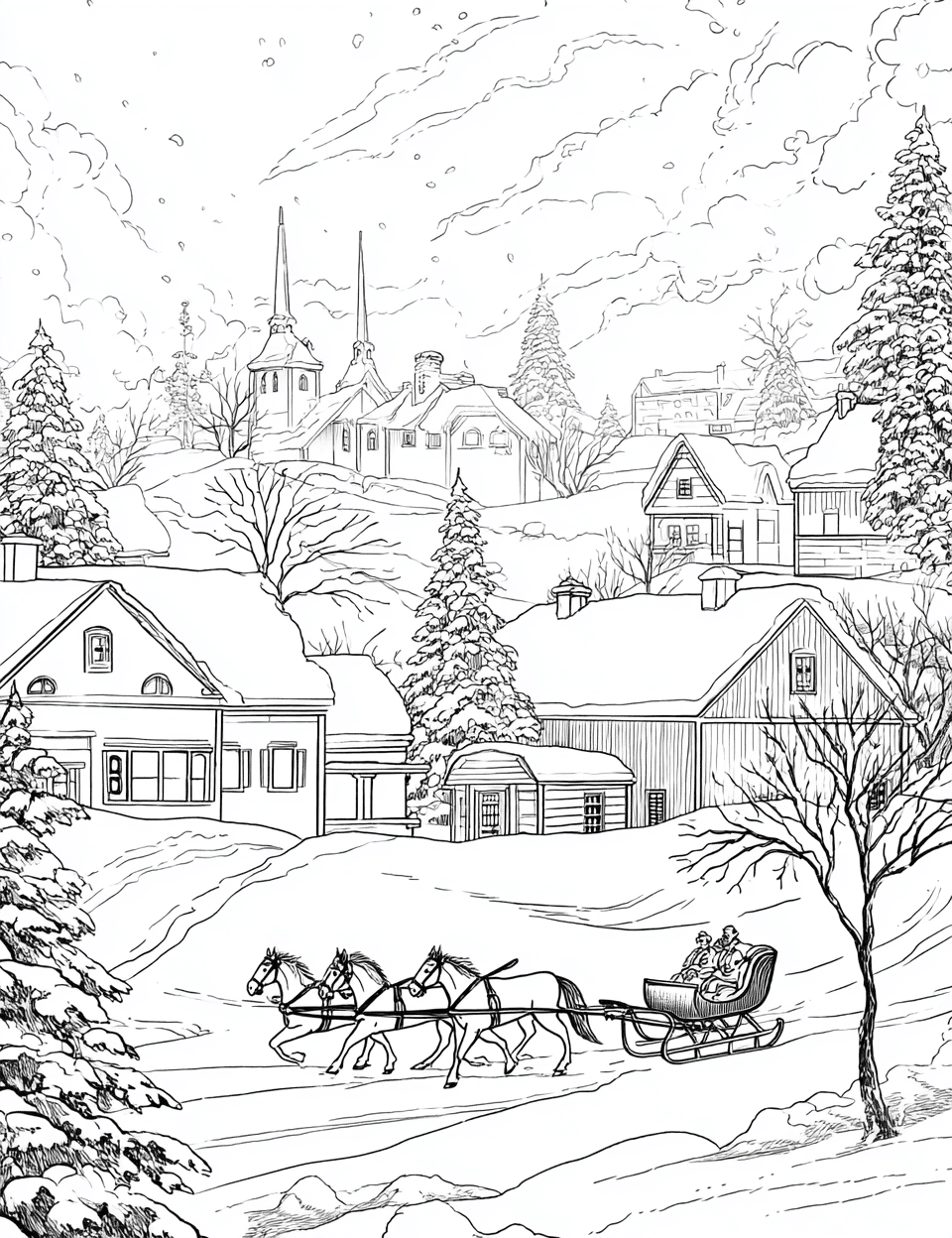 Winter snowy village - Colouring book for children